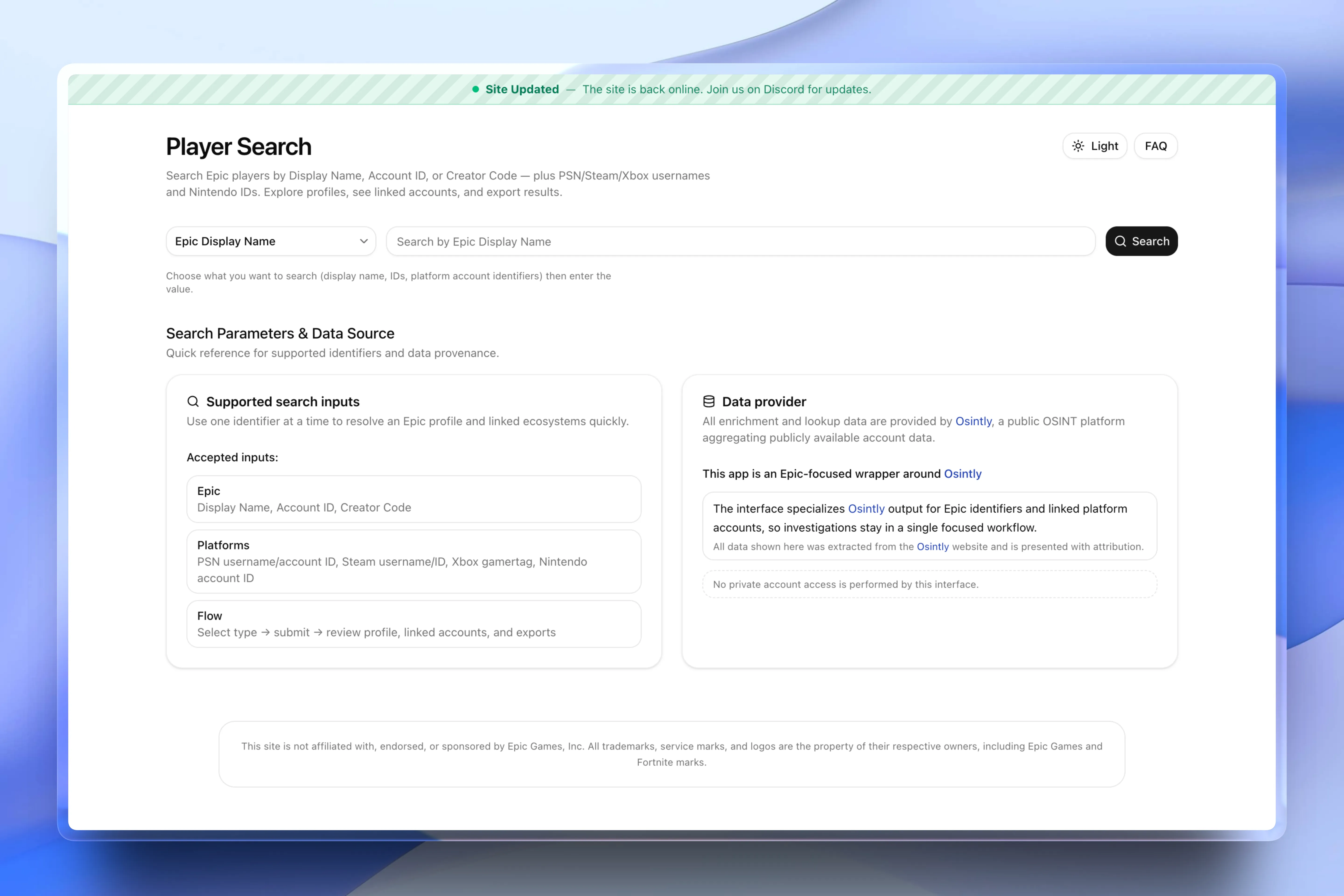 Epic Games Player Search & Linked Account Lookup Tool